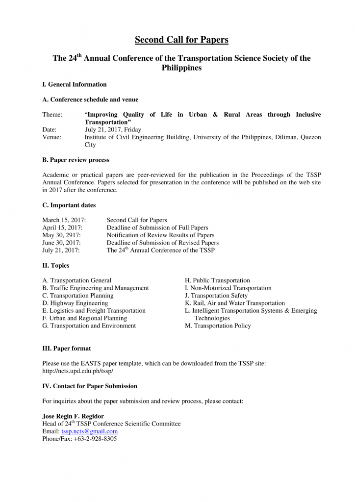 Second Call for Papers for the 2017 Conference – Transportation Science ...